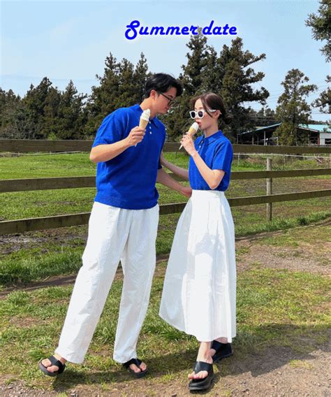 쿨재질 세트가능4컬러2사이즈 여름 반팔 쿨 니트 색감 대박 시밀러룩 커플룩 남녀공용 카라 크롭 티셔츠 데이트룩 데님 와이드팬츠 롱스커트 세트