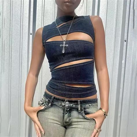 Black Or Navy Denim Cutout Top With Zipper Back Depop