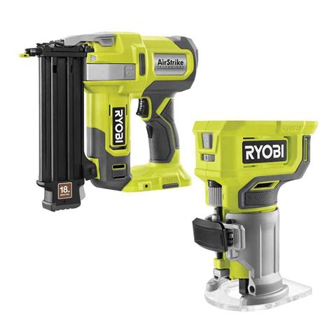 RYOBI ONE 18V 18 Gauge Cordless AirStrike Brad Nailer With Compact Fixed Base Router Tools