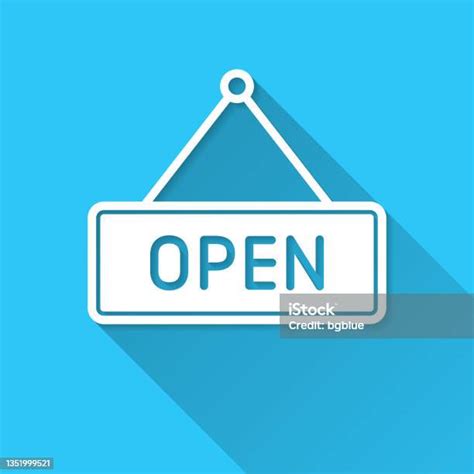 사인을 엽니다 파란색 배경아이콘 긴 그림자가 있는 플랫 디자인 3차원 형태에 대한 스톡 벡터 아트 및 기타 이미지 3차원 형태 가게 표시 개념 Istock