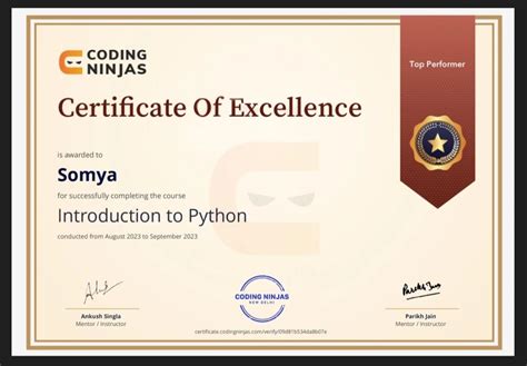Somya On Linkedin Python Codingninjas Certificateofexcellence Codingjourney