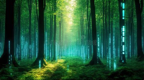 Glowing Forest Of Data Pillars Replaces Trees Growing Green Leaves And