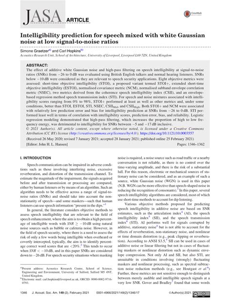 Pdf Intelligibility Prediction For Speech Mixed With White Gaussian