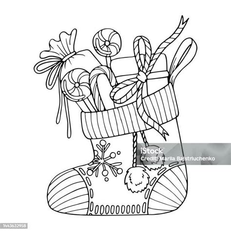 크리스마스 양말 벡터 색칠하기 페이지입니다 축제 선물 상자 막대 사탕 손으로 그린 라인 아트 겨울 그림입니다 즐거운 휴일 보내세요 어린이와 성인을위한 색칠 공부 책 흑백