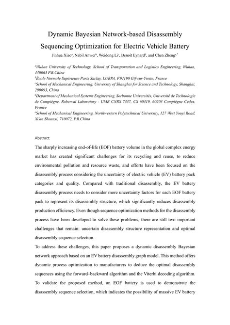 Pdf Dynamic Bayesian Network Based Disassembly Sequencing Optimization For Electric Vehicle