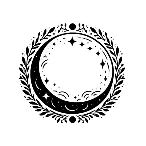 Intricate Black White Celestial Illustration Crescent Moon Encircled By Starry Night And