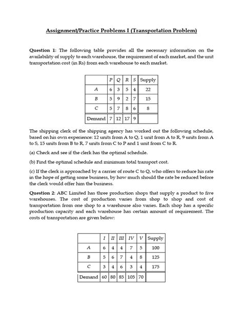 Practice Questions I Transportation Problem Upto Modi Method Pdf