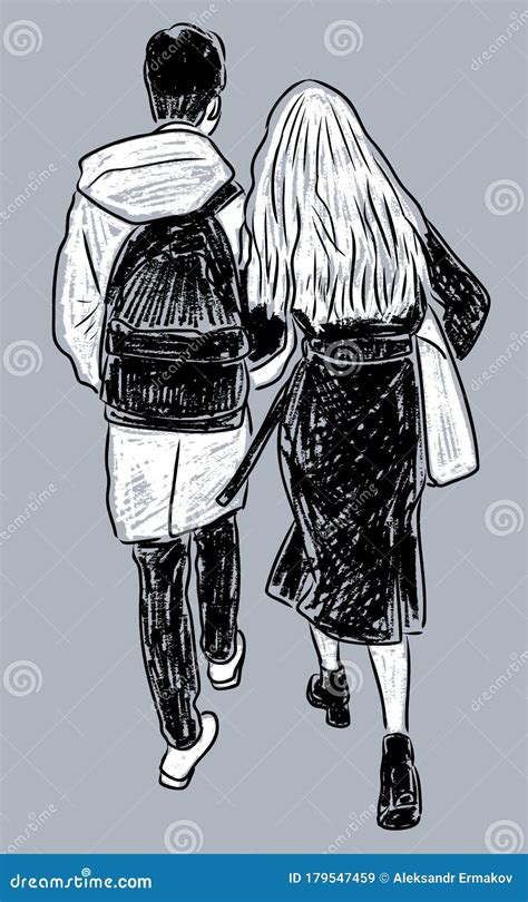 Vector Image Of Couple Young Citizens Walking Down Street Stock Vector Illustration Of Outline