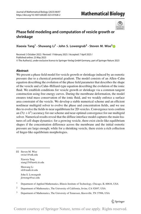 Phase Field Modeling And Computation Of Vesicle Growth Or Shrinkage Request Pdf
