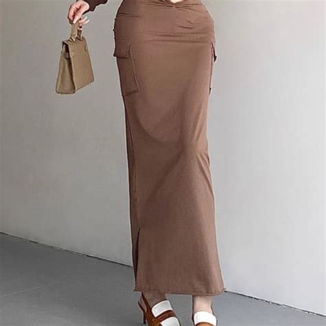 슬림 셔링 포켓 트임 롱스커트 블랙 그레이 커피 블루 핑크