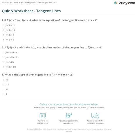 Quiz Worksheet Tangent Lines Study