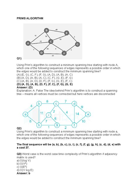 Dsa Gate Questions Prims Algorithm Q1 Using Prims Algorithm To Construct A Minimum Spanning