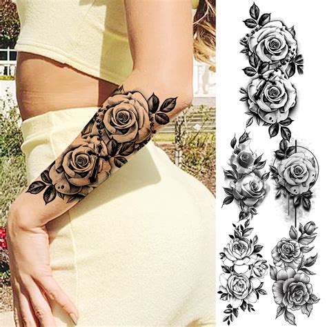 3d 블랙 로즈 플라워 크로스 팔뚝 여성을위한 임시 문신 성인 소녀 모란 라운드 가짜 문신 패션 방수 문신 데칼 임시 문신 Aliexpress