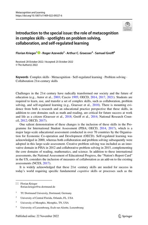 Pdf Introduction To The Special Issue The Role Of Metacognition In Complex Skills