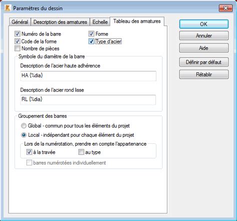 Paramètres Du Dessin Tableau Des Armatures