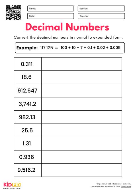 Convert Decimal Numbers Normal To Expanded Form Place Value Worksheet