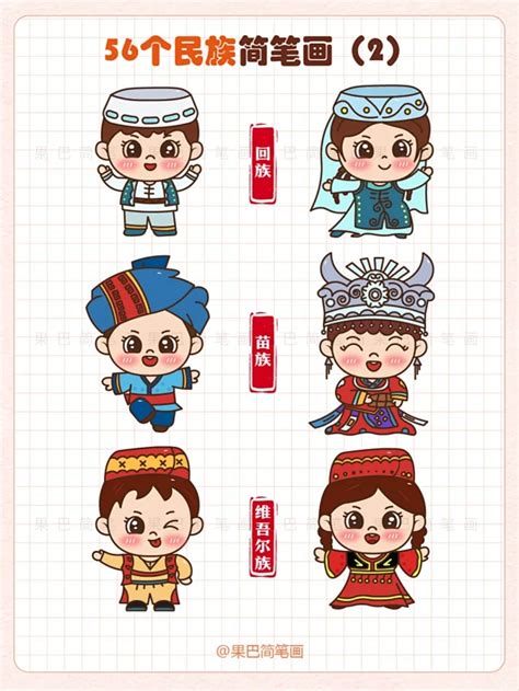 56个民族 回族 苗族 维吾尔族 人物简笔画 小红书 花瓣网