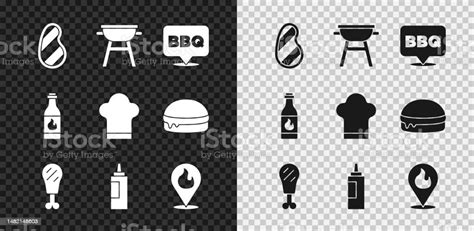 스테이크 고기 바베큐 그릴 닭 다리 소스 병 불 불꽃이 있는 위치 타바스코 소스 및 요리사 모자 아이콘을 설정합니다 벡터 검은색에 대한 스톡 벡터 아트 및 기타 이미지