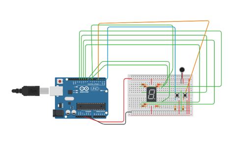 circuit design 7 segmentos con pulsador tinkercad