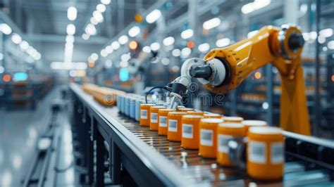 Automated Robot Arm Handling Lithium Ion Batteries On Manufacturing Production Line Stock Photo