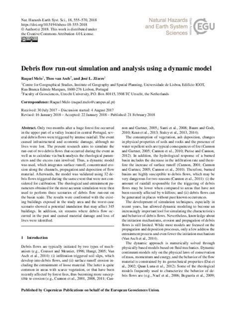 Pdf Debris Flow Run Out Simulation And Analysis Using A Dynamic Model