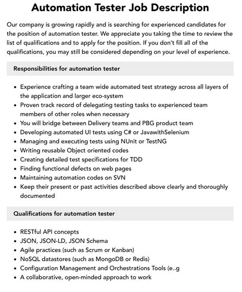 Automation Tester Job Description Velvet Jobs