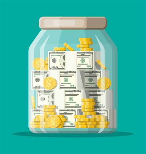 Glass Money Jar Full Of Gold Coins And Banknotes Saving Dollar Coin In