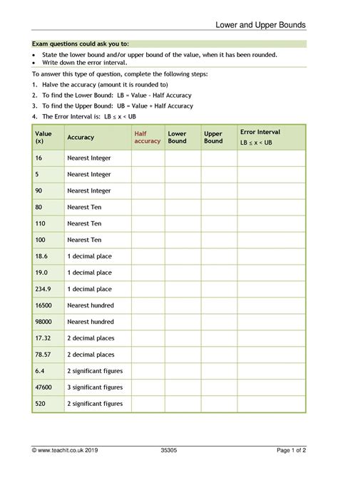 bounds and error intervals worksheet ks3 4 maths teachit