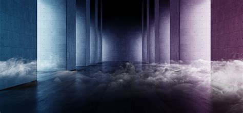 연기 현대 우아한 블루 글로우 아키텍처 그런지 콘크리트 기둥 시멘트 반사 지하 복도 방 차고 갤러리 터널 복도 어두운 빈 배경 3d 렌더링 3차원 형태에 대한 스톡 사진 및