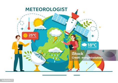 기상학자 벡터 일러스트레이션은 일기 예보와 대기 강수량 지도가 있는 평면 만화 손으로 그린 랜딩 페이지 템플릿에 있습니다 감시에 대한 스톡 벡터 아트 및 기타 이미지
