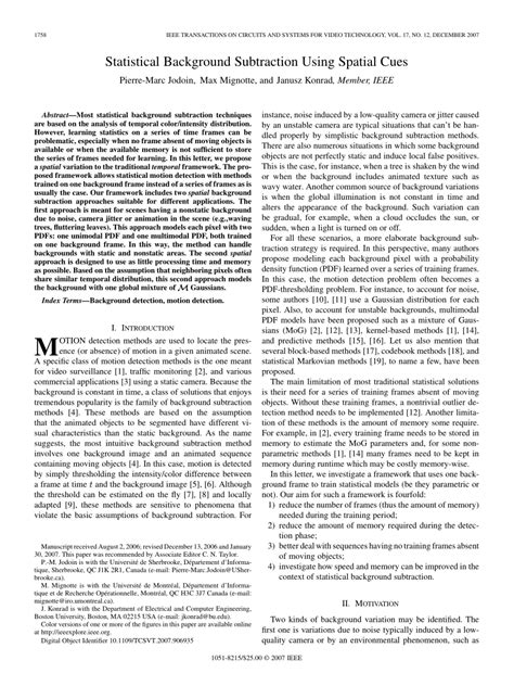 Pdf Statistical Background Subtraction Using Spatial Cues