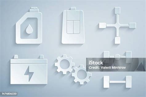 기어 휠 렌치 자동차 배터리 섀시 자동차 리모컨이 있는 키 및 모터 오일 아이콘용 용기를 설정합니다 벡터 3차원 형태에 대한 스톡 벡터 아트 및 기타 이미지 Istock