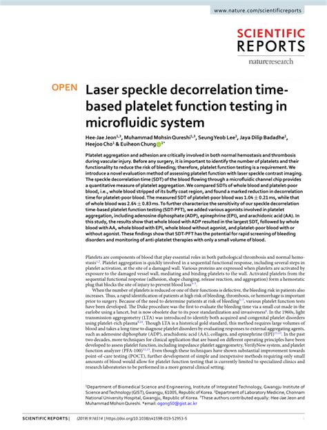 Pdf Laser Speckle Decorrelation Time Based Platelet Function Testing