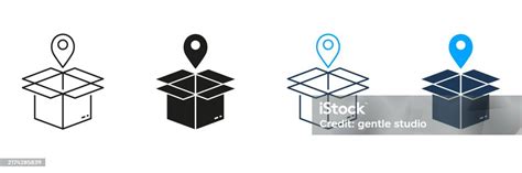 위치 라인과 실루엣 아이콘 세트를 주문하십시오 상자 배송 표시와 포인터 픽업 패키지 아이콘입니다 배달 서비스 픽토그램 소포 장소를 받습니다 편집 가능한 획 고립된 벡터