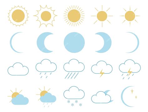 평면 스타일의 컬러 날씨 및 기상 기호 집합 프리미엄 벡터