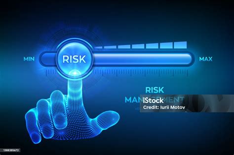 위험 수준 노브 버튼 와이어프레임 핸드는 최소 위치 위험 진행률 표시줄로 당겨지는 것입니다 위험 관리 비즈니스 개념 벡터 그림입니다 위험 요소에 대한 스톡 벡터 아트 및