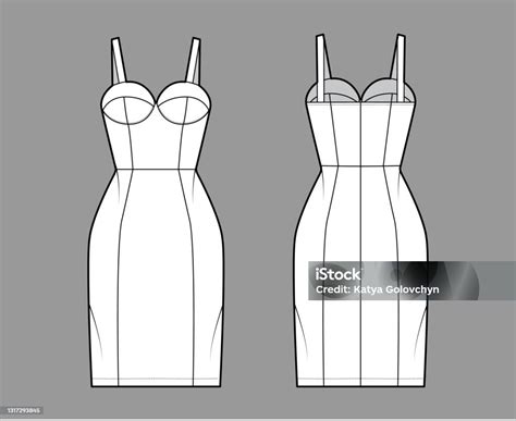 집업 튜브 드레스 기술 패션 일러스트와 뷔스티에 민소매 숄더 스트랩 몸에 맞는 무릎 길이 0명에 대한 스톡 벡터 아트 및 기타
