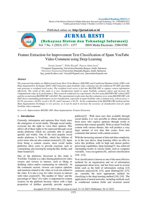 Pdf Feature Extraction For Improvement Text Classification Of Spam Youtube Video Comment Using