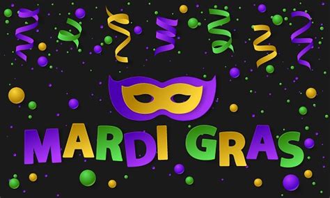 녹색 노란색 및 보라색 먼지 색종이 공 및 구불구불한 리본이 있는 포스터 벡터 그림입니다 검은색 배경에 종이 마스크와 레터링