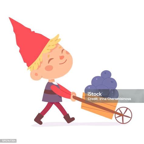 베리 과일로 가득 찬 수레를 나르는 정원 그놈 수확과 함께 귀여운 소년 난쟁이 가득 찬에 대한 스톡 벡터 아트 및 기타 이미지