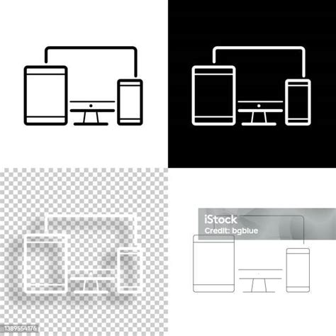 데스크톱 컴퓨터 태블릿 Pc 및 스마트 폰 디자인 아이콘입니다 빈 흰색 및 검은색 배경 선 아이콘 Brand Name Smart Phone에 대한 스톡 벡터 아트 및 기타
