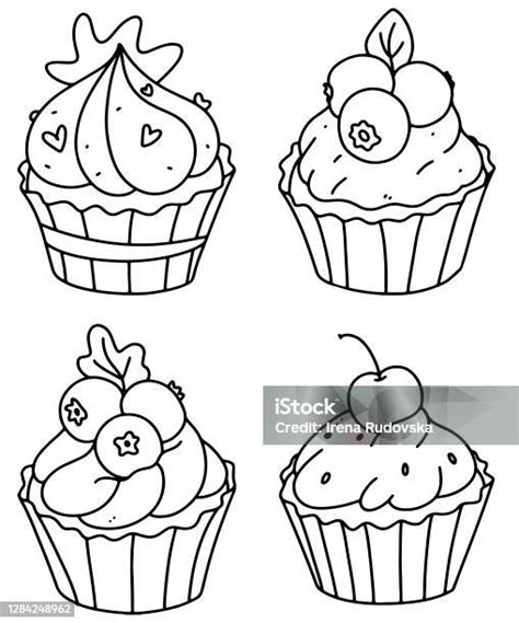 귀여운 컵 케이크 색칠 페이지 컵 케이크 세트윤곽 낙서 벡터 일러스트레이션 머핀 세트 컬러링 북 페이지 일러스트레이션 기법에 대한 스톡 벡터 아트 및 기타 이미지 Istock