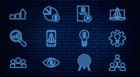 세트 라인 프로젝트 팀 베이스 전구 및 기어 작업 홍보 스타트업 프로젝트 개념 돋보기 분석 재무 성장 달러 및 파이 차트 아이콘 벡터 개념에 대한 스톡 벡터 아트 및 기타