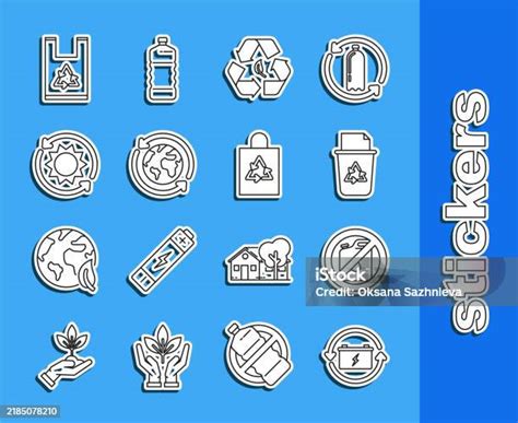 재활용 기호가 있는 배터리 설정 휘발유 용기 없음 재활용 쓰레기통 및 잎 지구 재활용 태양 에너지 패널 비닐 봉지 및 아이콘