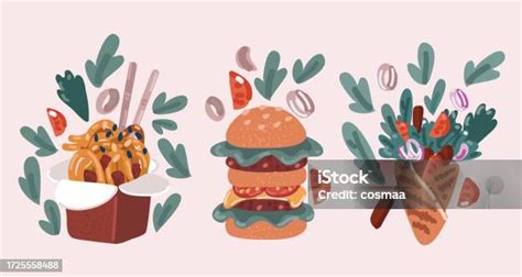 패스트푸드 스낵과 샌드위치의 패스트푸드 아이콘의 벡터 그림 카페 레스토랑 또는 비스트로 메뉴 중국 국수 상자 케밥과 국수 웍 Cebab 길거리 음식에 대한 스톡 벡터 아트