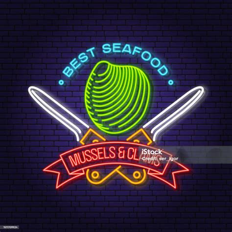 최고의 해산물 신선한 홍합과 조개 네온사인 벡터 해산물 엠블럼 간판 패치 셔츠 메뉴 레스토랑 수산 시장 상점 네온사인 밝은 간판 조명 배너 갈고리 발톱에 대한 스톡 벡터