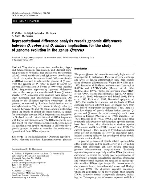 Pdf Representational Difference Analysis Reveals Genomic Differences Between Q Robur And Q