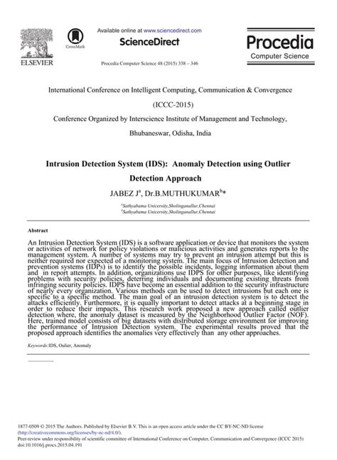 Intrusion Detection System Ids Anomaly Detection Using Outlier Detection Approach Pdf