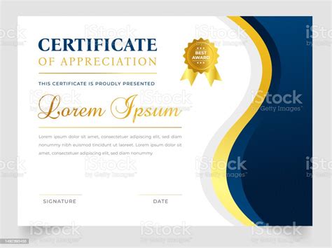 성취 졸업 완료를 위한 벡터의 인증서 템플릿입니다 감사장 템플릿 골드 배지가 있는 깨끗한 현대 인증서 호화스러운 기장과 현대 선 본보기 증명서 감사장에 대한 스톡 벡터 아트