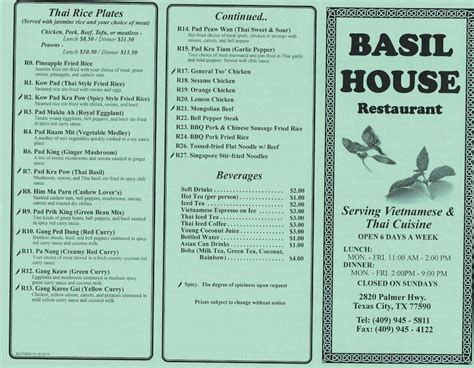 Menu At Basil House Restaurant Texas City